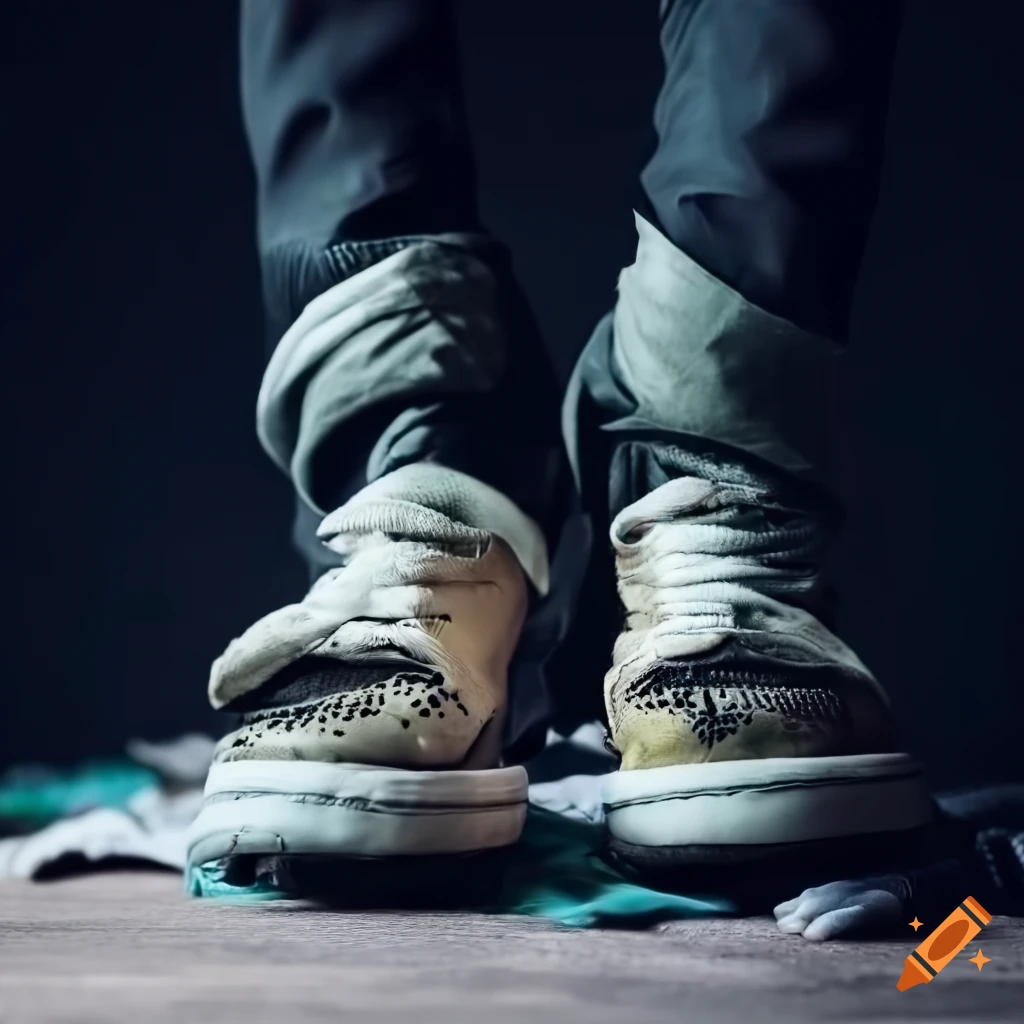 Close-up of dirty nike dunk mid sneakers on a messy blanket on Craiyon