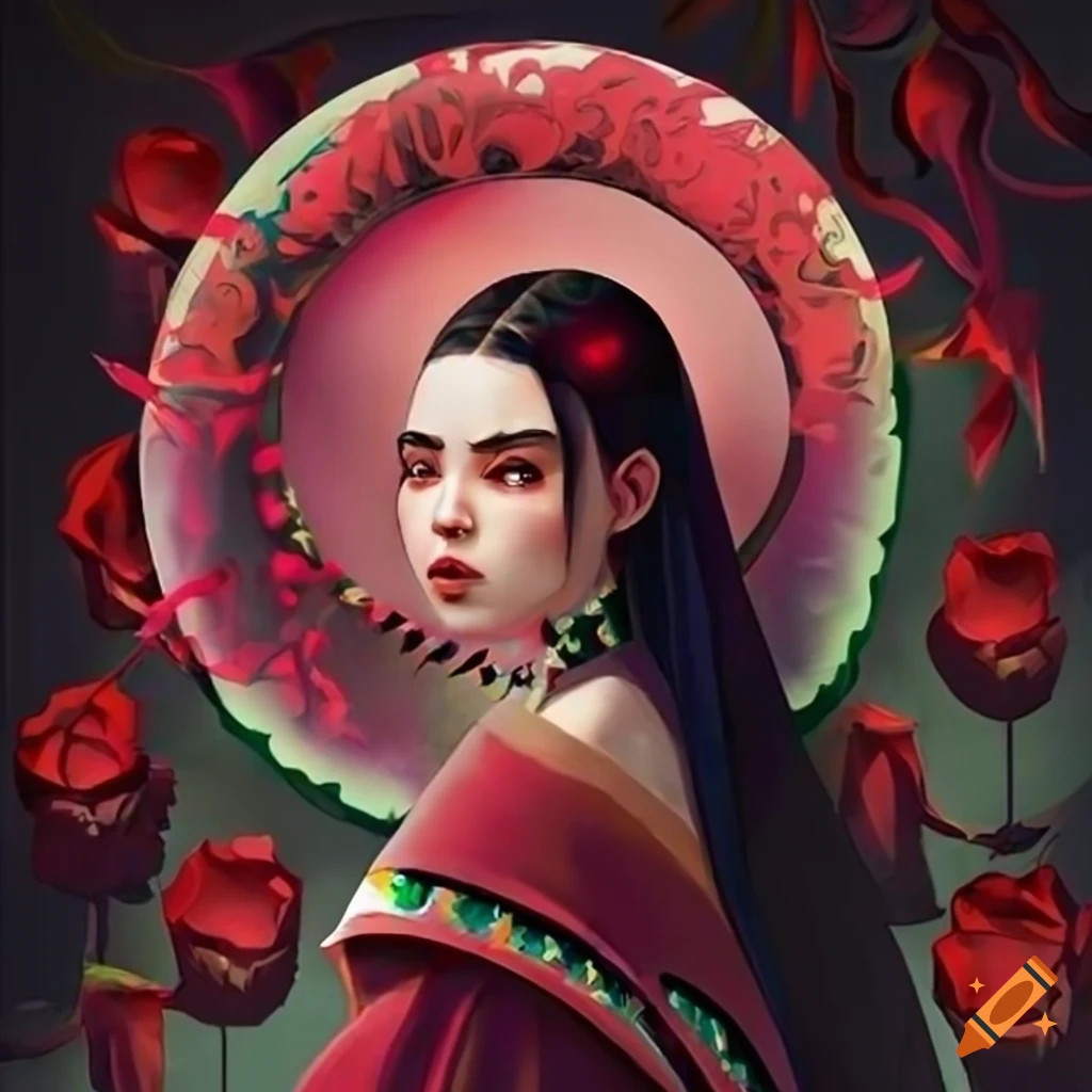Illustration of a mysterious character surrounded by red roses on Craiyon