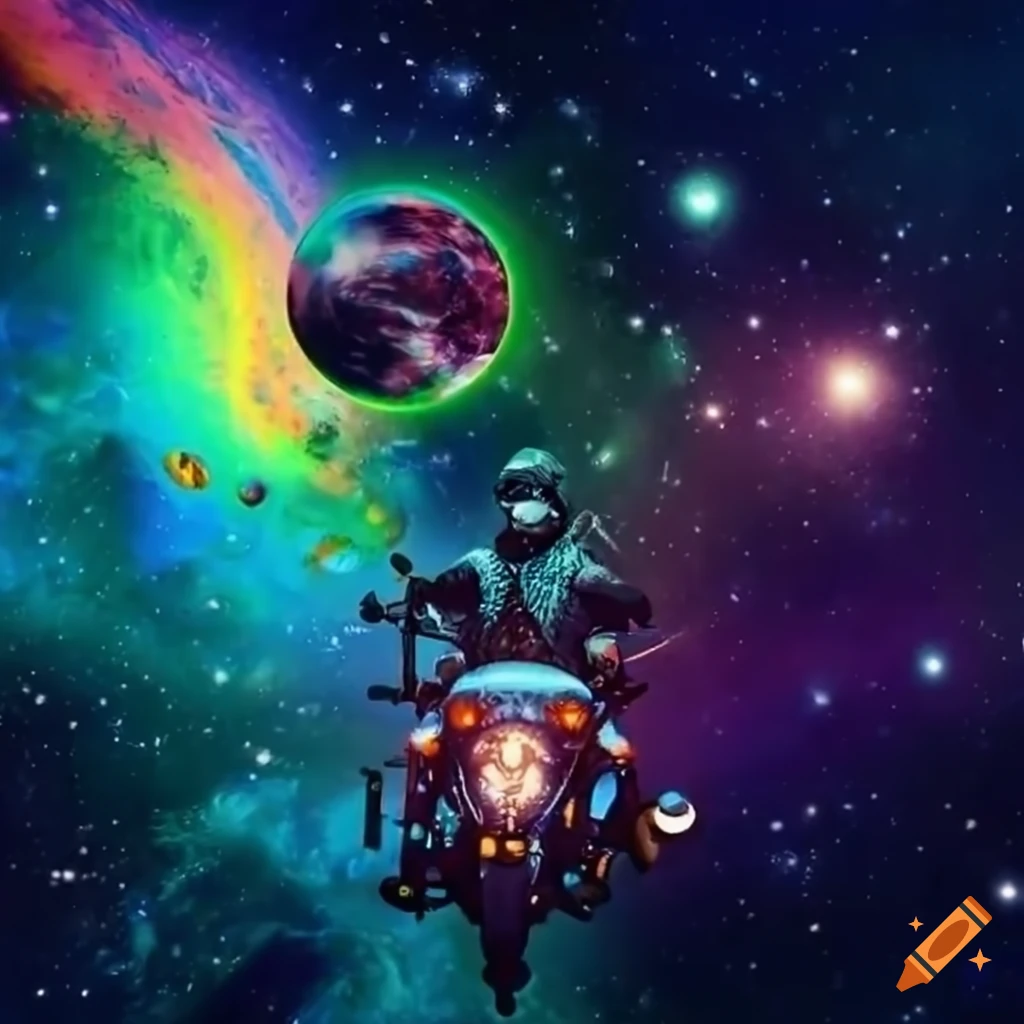 Psychedelic cat riding a motorcycle in space