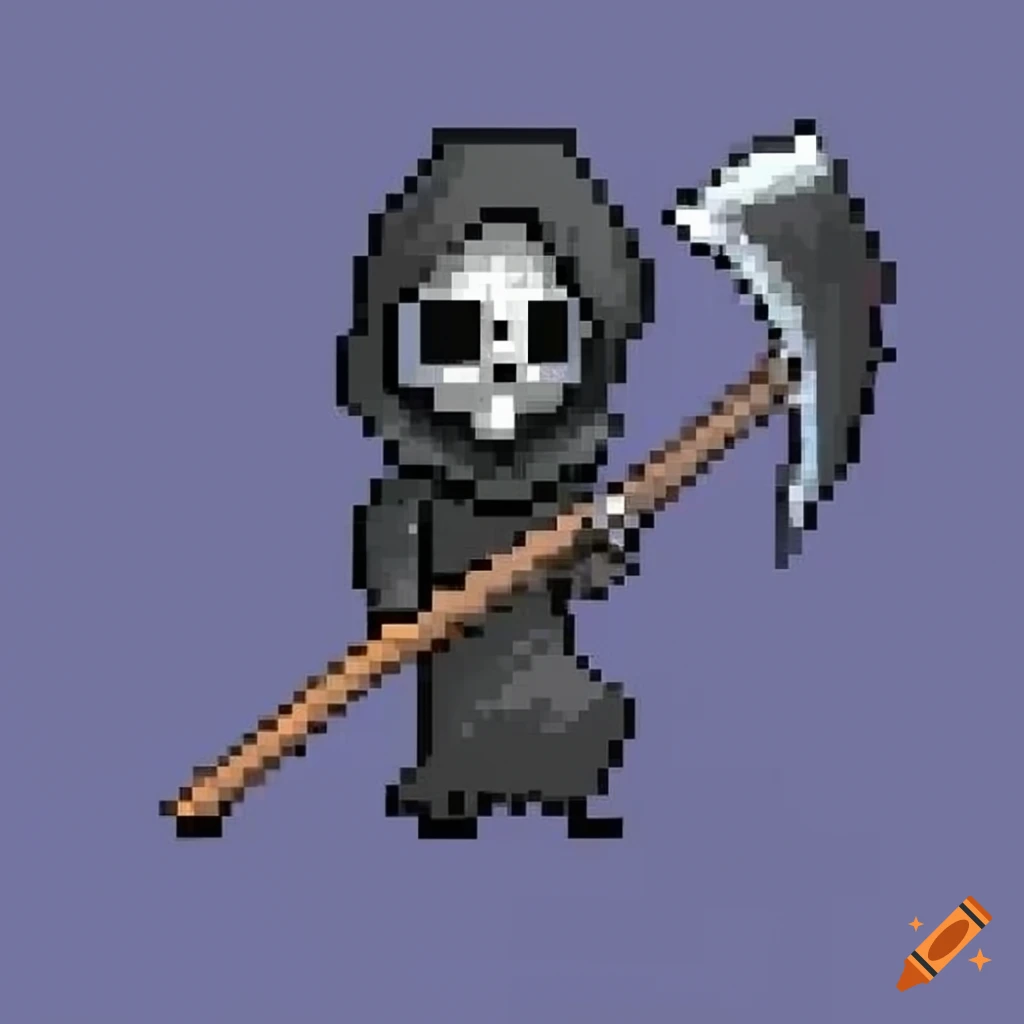 Pixel art of a cheerful reaper with a scythe on Craiyon