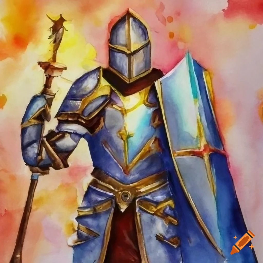 A watercolor painting of a knight character in a fantasy setting on Craiyon