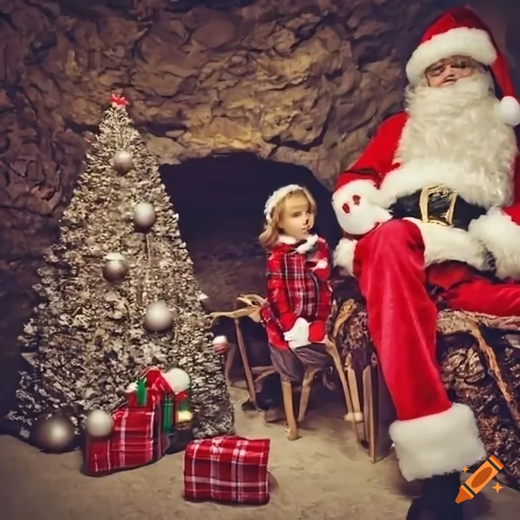 Festive scene with children and Santa in a Christmas grotto on Craiyon