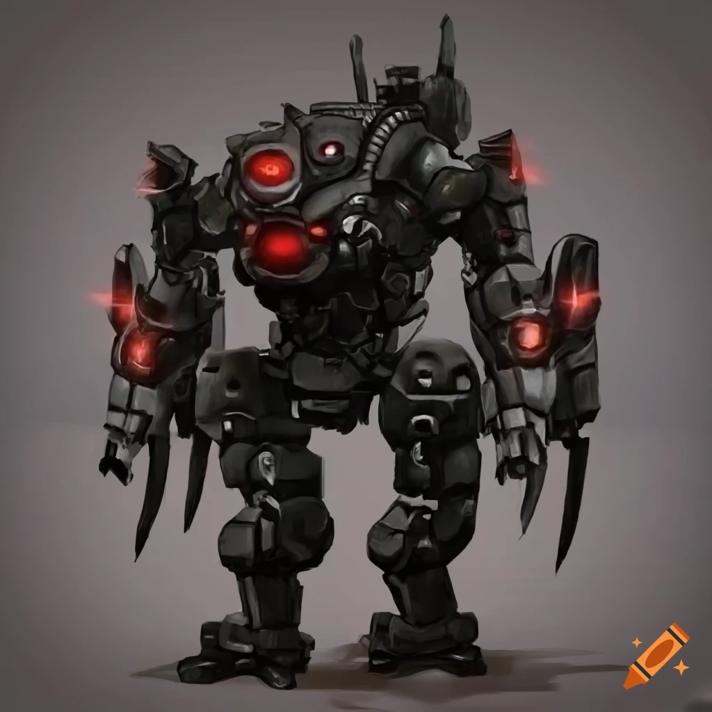 Black mech with red eyes and spiked helmet on Craiyon
