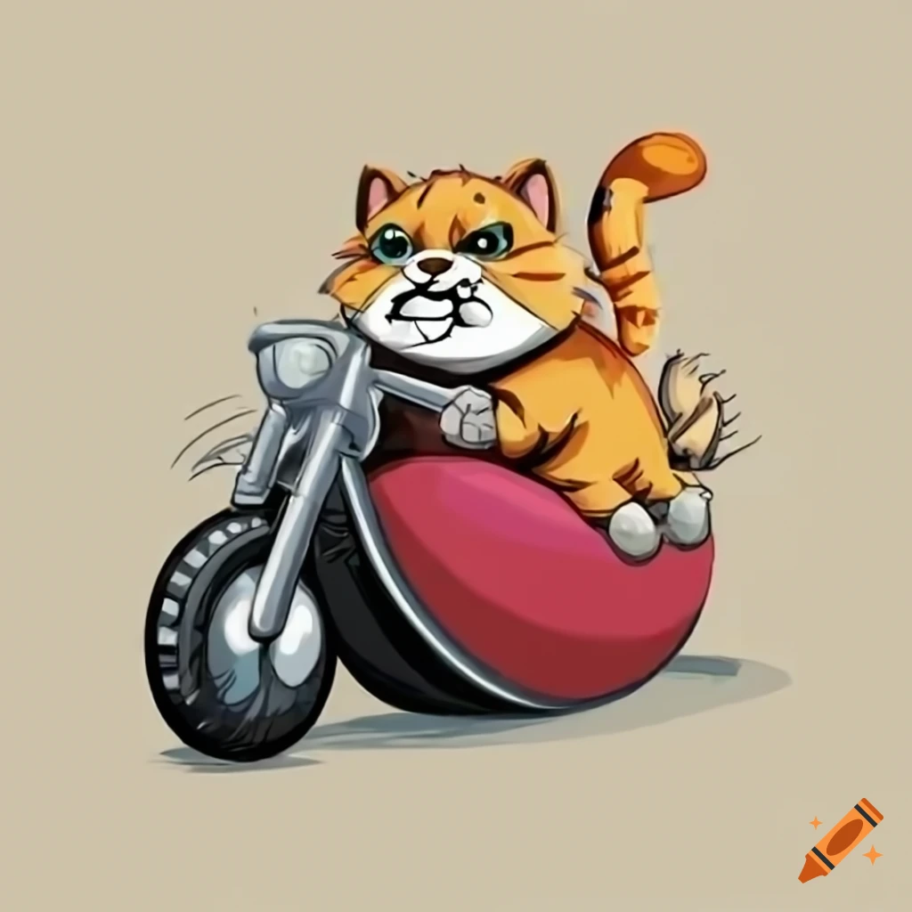 Cartoon of an angry kitten riding a motorbike on Craiyon