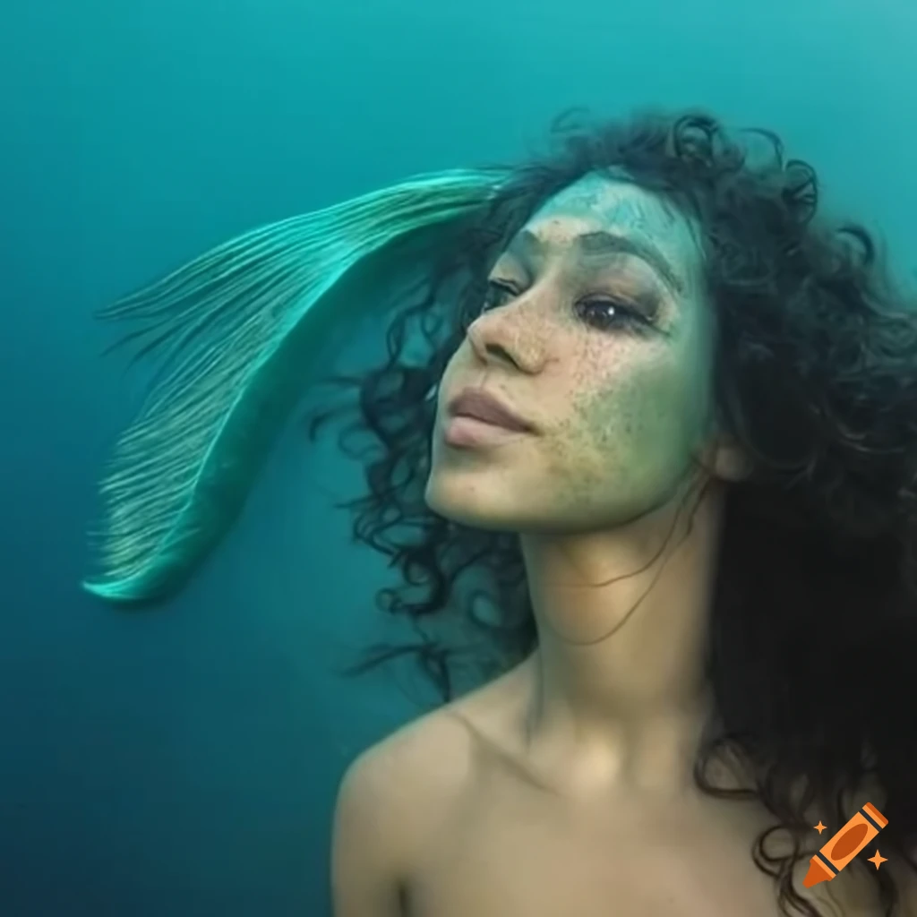 Mermaid with long curly black hair and turquoise tail on Craiyon