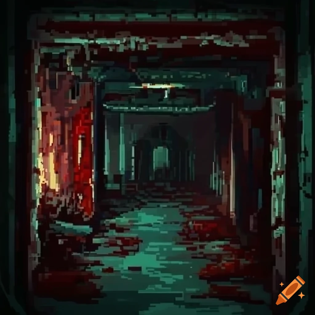 Pixel art of a blood-stained bunker with an abyss