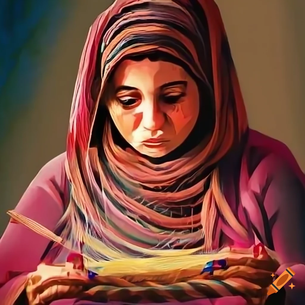 Middle eastern woman weaving on the street