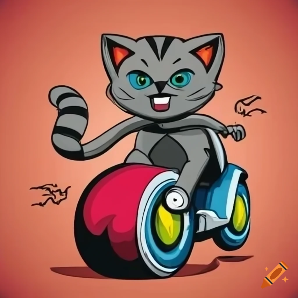 Cartoon of an angry kitten riding a motorbike on Craiyon