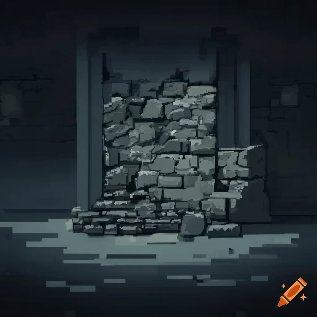 Pixel art of a razeed wall with rubble in front on Craiyon