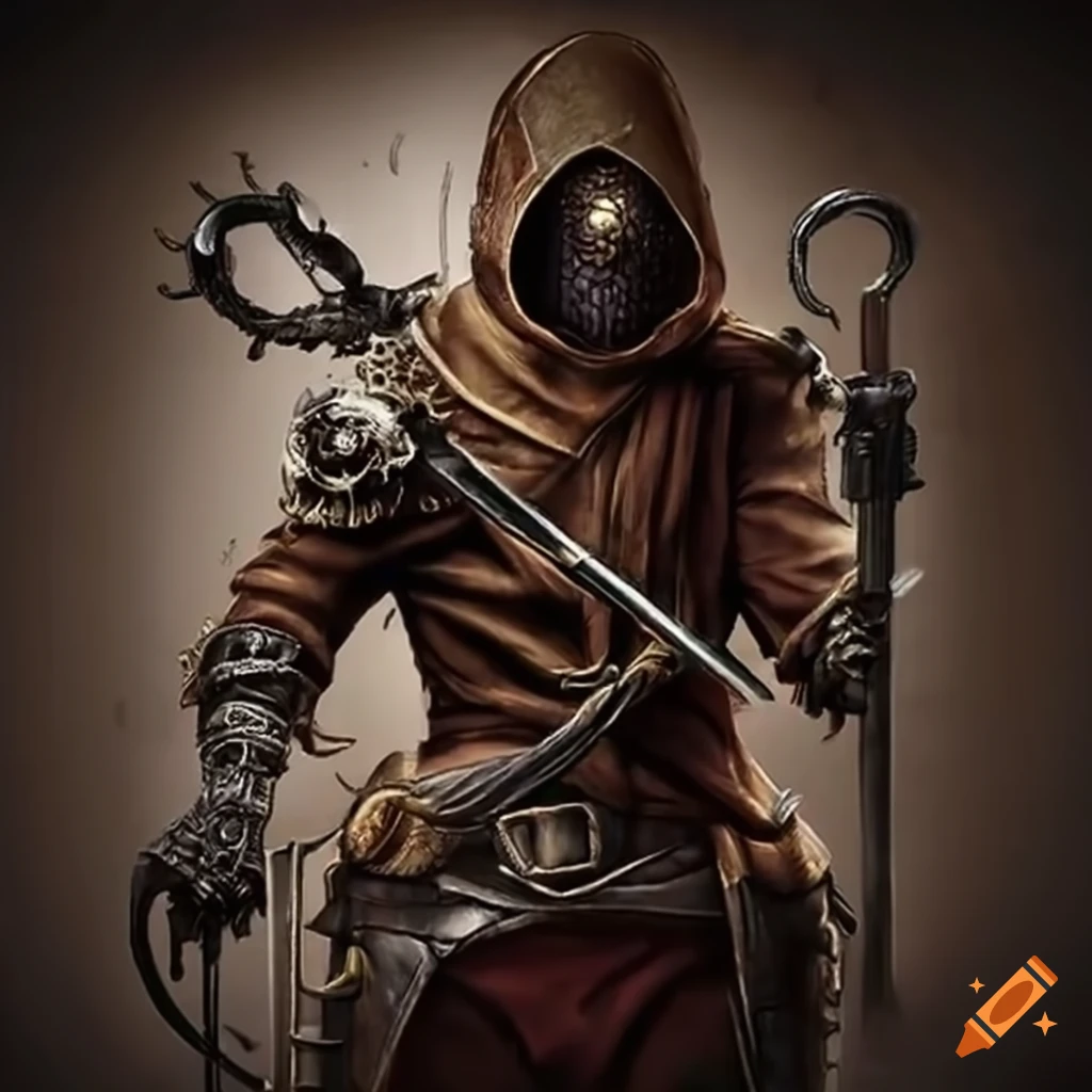 Image of a steampunk assassin with a hook sword