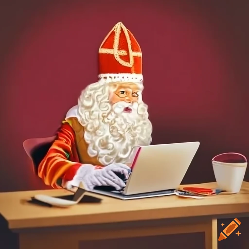 Sinterklaas working on a laptop surrounded by money and pepernoten on ...