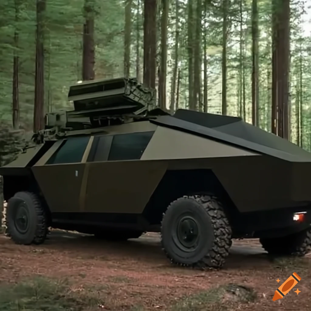 Tesla Cybertruck with air defense system in a forest on Craiyon