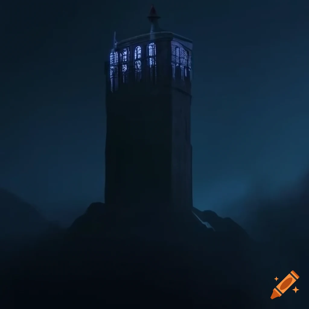 Night view of a misty guard tower and search light