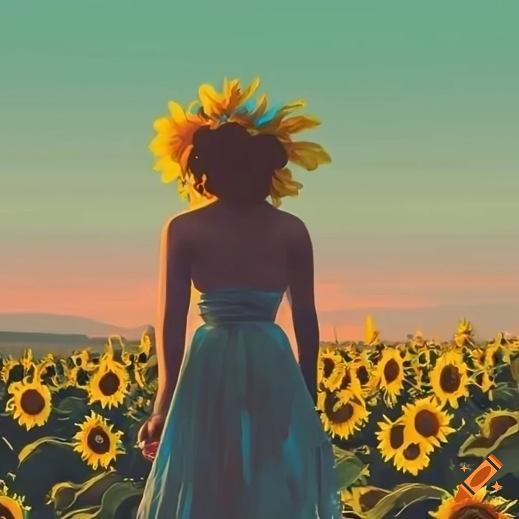 Expressionist artwork of a woman walking in a sunflower field on Craiyon