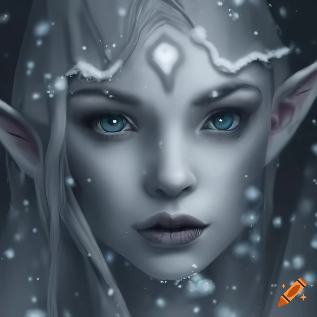 Monochrome portrait of a snow-haired Shadow elf on Craiyon