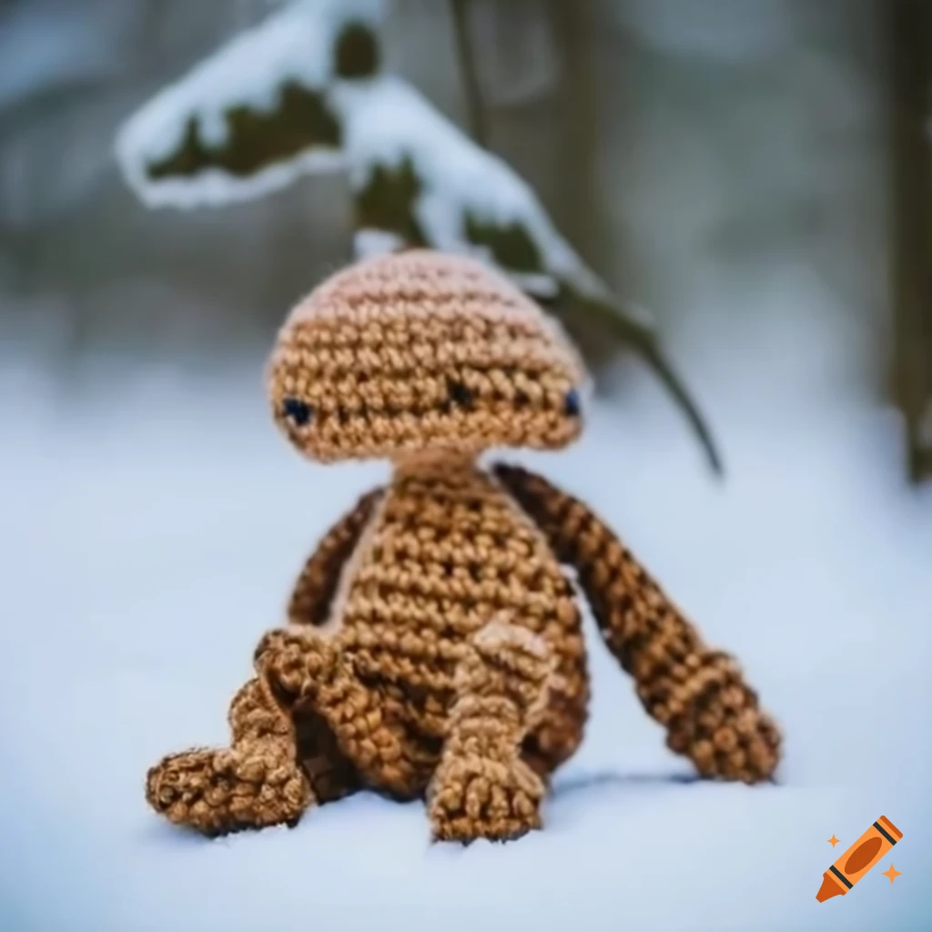 Crocheted creature sitting in a snow covered forest on Craiyon