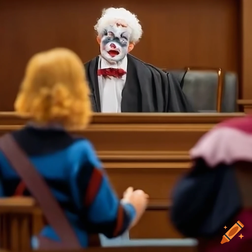 Satirical image of a clown testifying in a courtroom on Craiyon