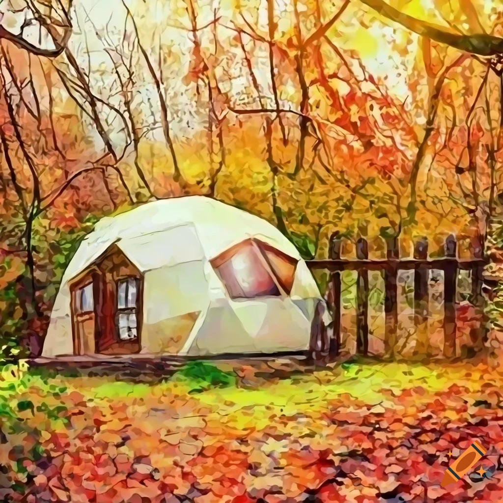 Charming mini dome home surrounded by autumn foliage on Craiyon