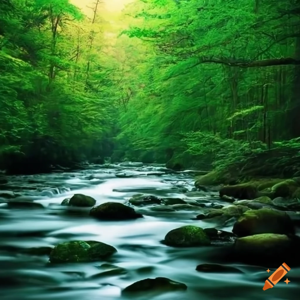 Peaceful forest with a river flowing through on Craiyon
