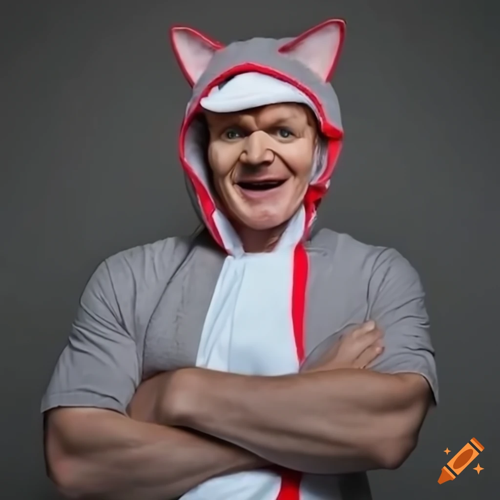 Gordon ramsay wearing a cat onesie costume