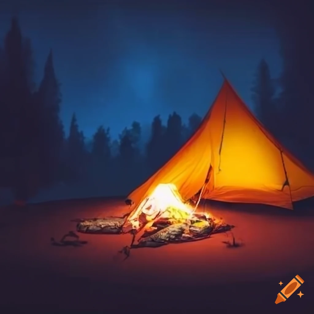 Realistic night scene of a glowing tent and campfire on Craiyon