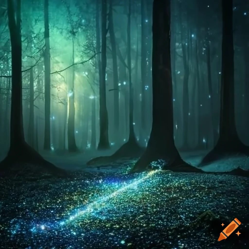 Mossy hills with glowing flowers under a starry sky on Craiyon