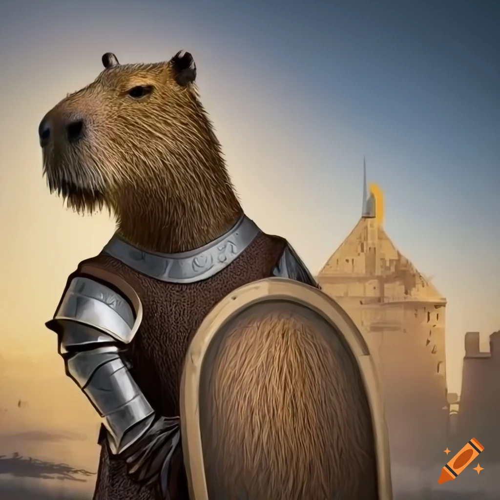 Capybara in knight armor with castle in background on Craiyon