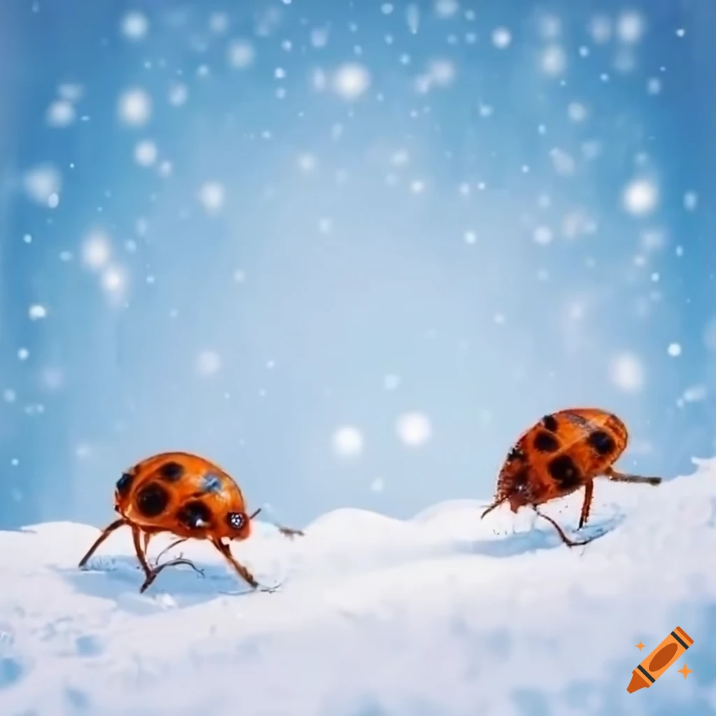 Group of ladybugs exploring snowy forest