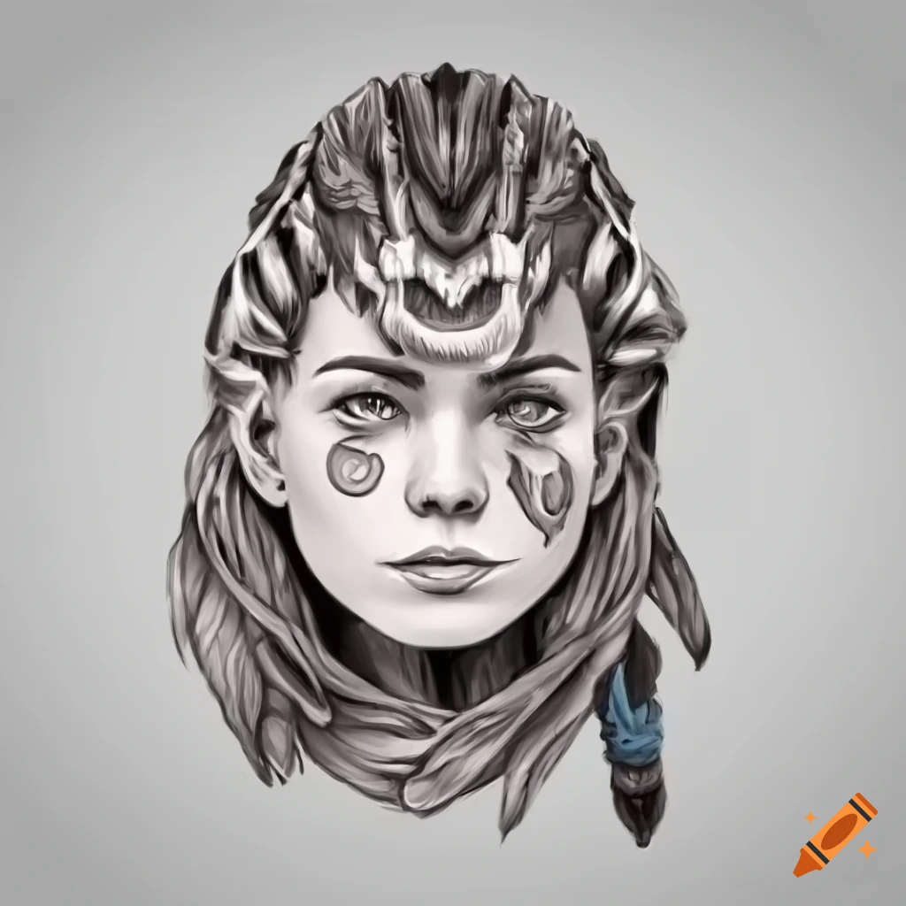 Realistic tattoo style depiction of aloy from horizon zero dawn