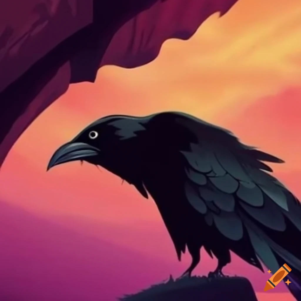 A black raven facing a dragon