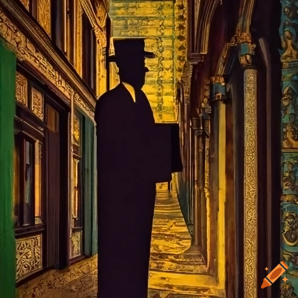 Victorian-style painting of a silhouette banker and a pile of gold on ...