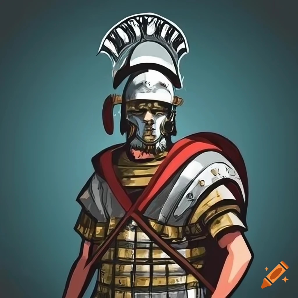 Anime-style robotic roman legionary in a pastoral setting on Craiyon