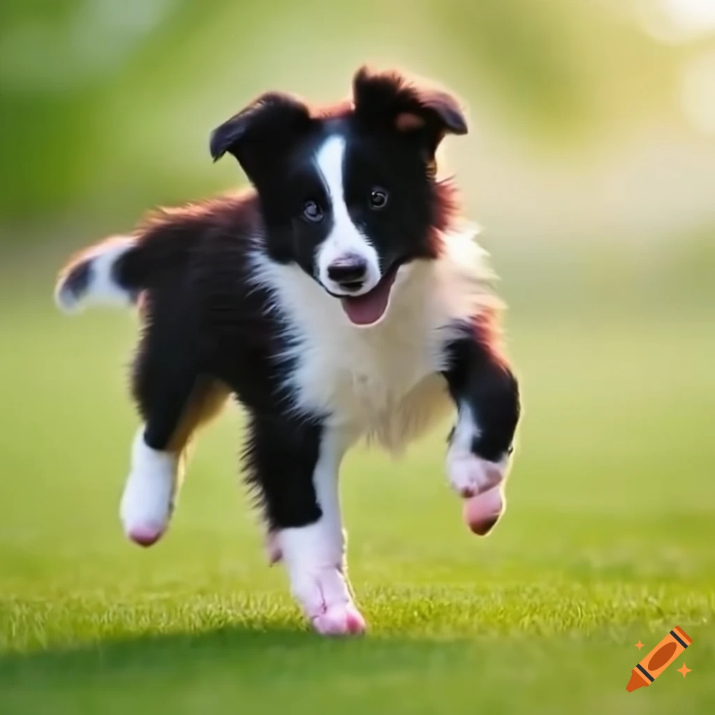 A border collie puppy playing in a field of flowers on Craiyon