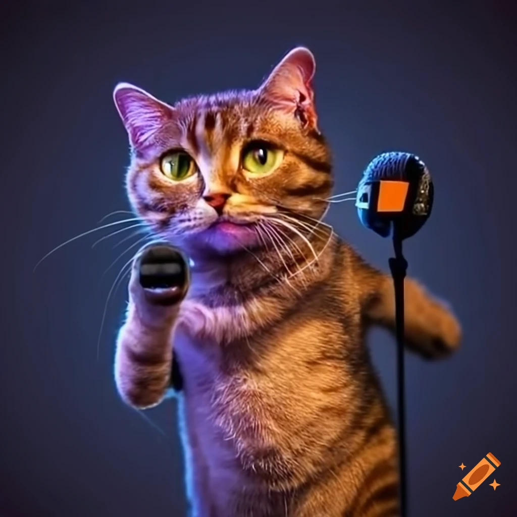 Cat performing stand up comedy on stage on Craiyon