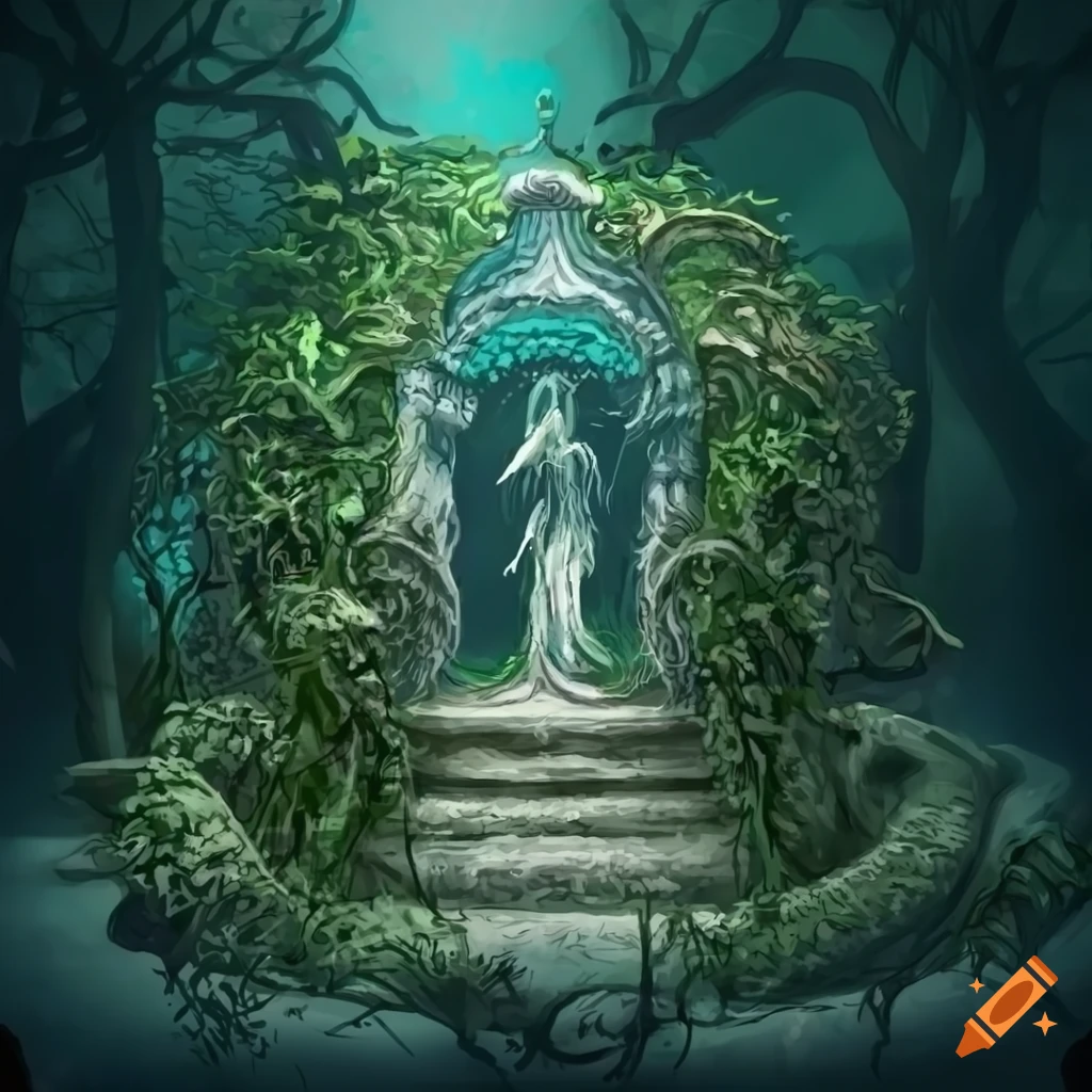 Illustration of a godlike deity beside a white well overgrown with orchids