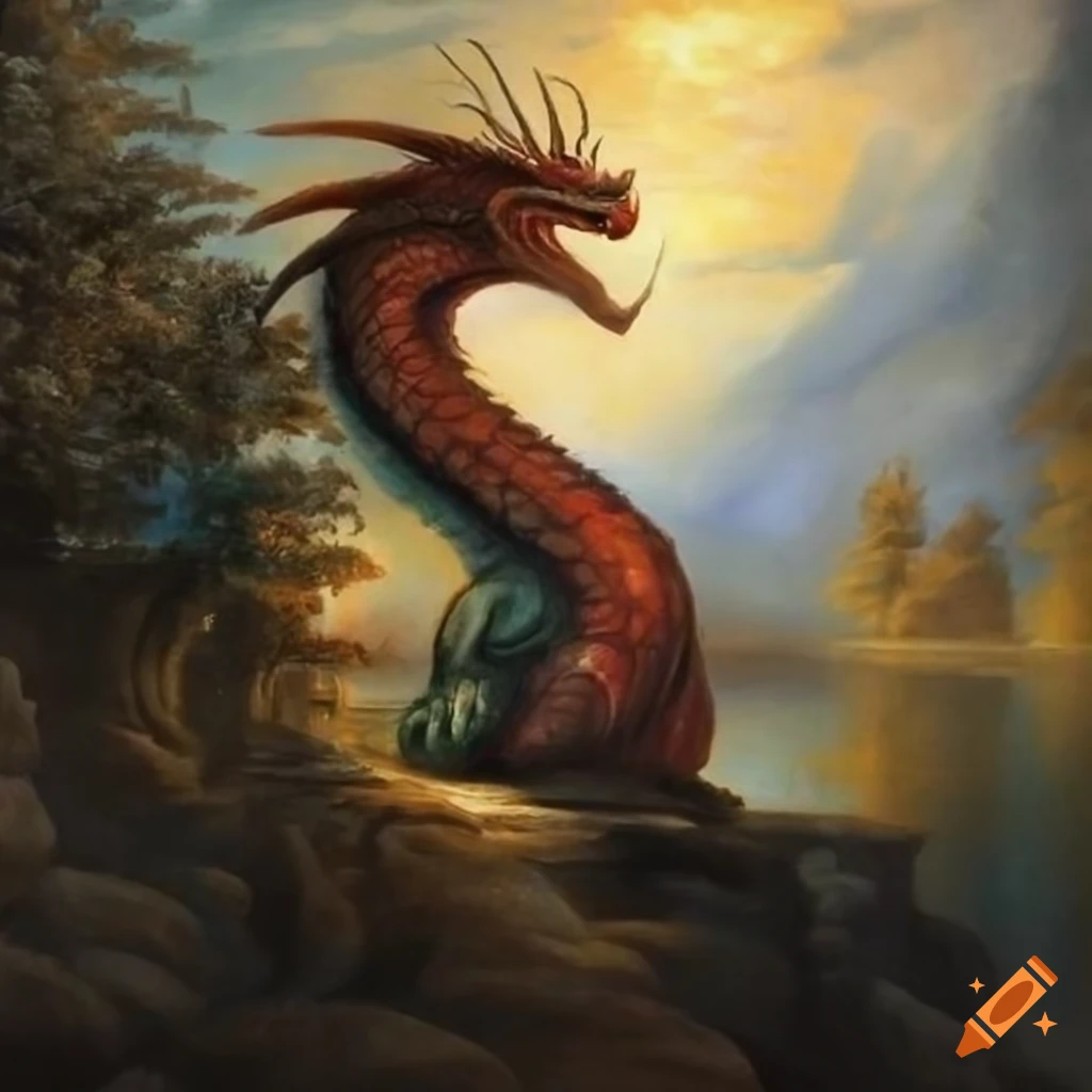 Dragon fantasy oil painting in a landscape on Craiyon