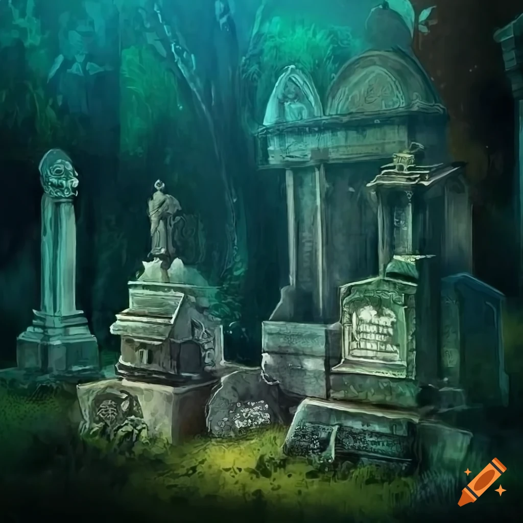 Artwork of tombstones in a serene cemetery