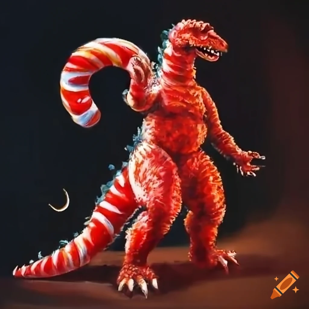 Artistic portrayal of a candy cane godzilla
