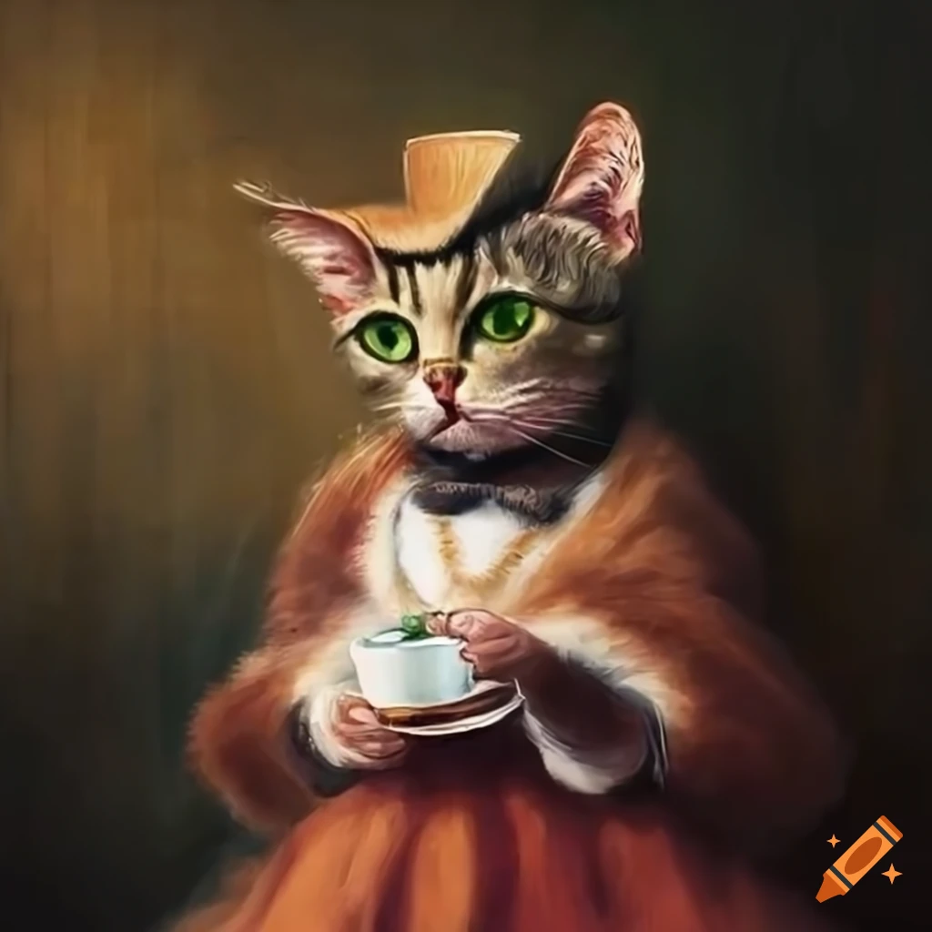 Surreal painting of a cat in beatnik clothes having a cuppa on Craiyon