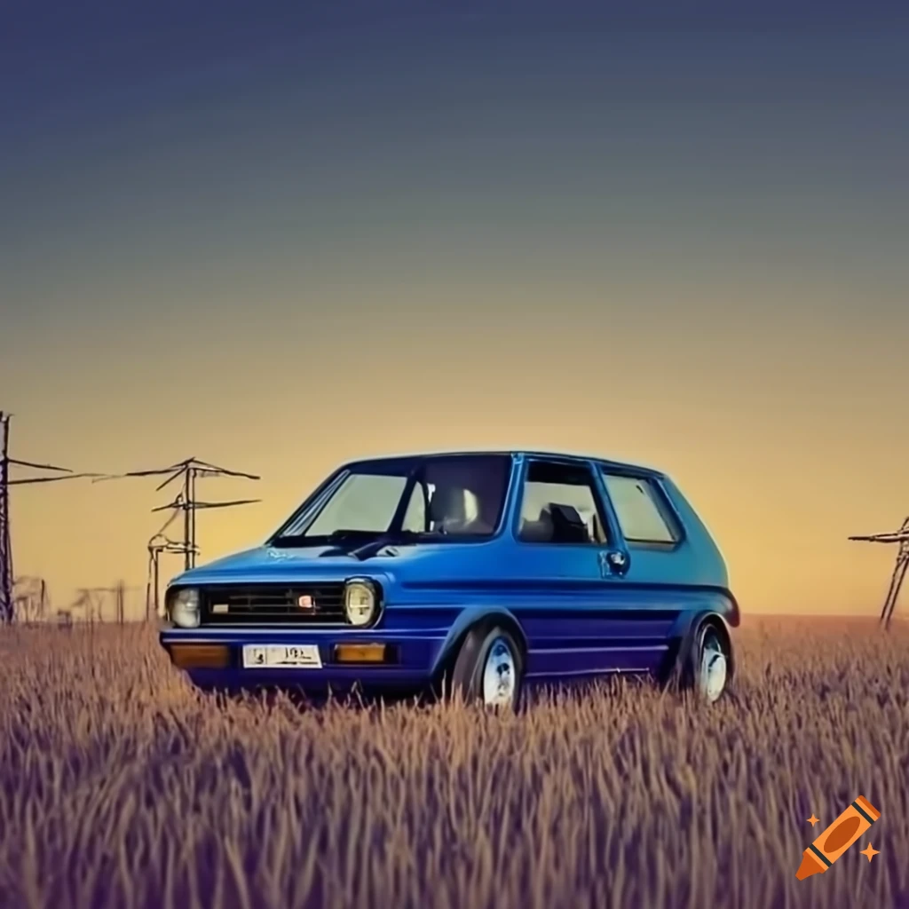 Blue golf mk2 car in a field with power grid lines in the background