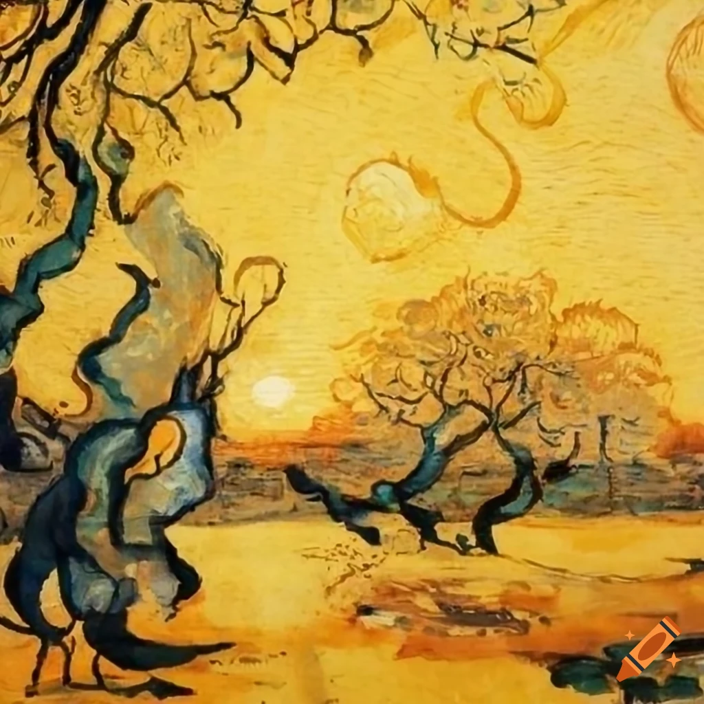 Vincent van gogh style tree silhouetted on a new england hillside on ...