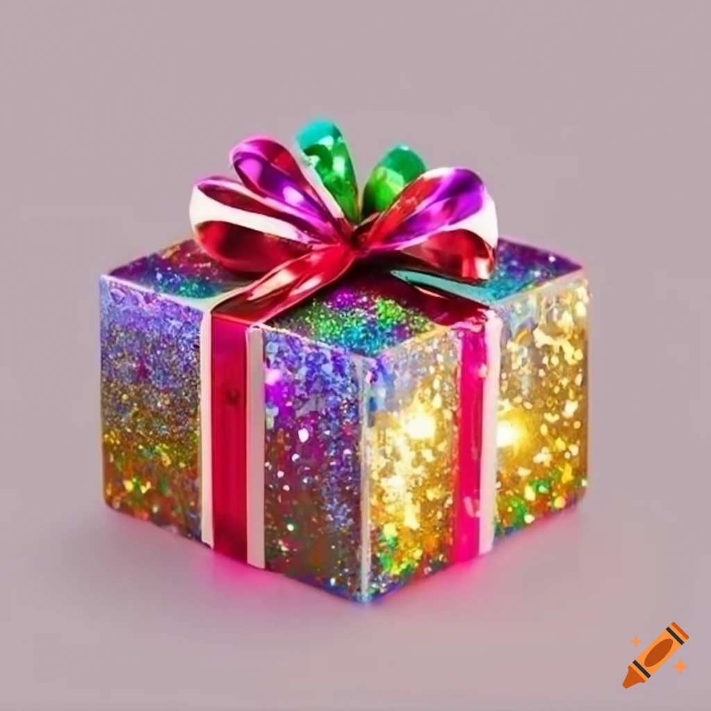 Sparkling multi-colored gift on white background on Craiyon