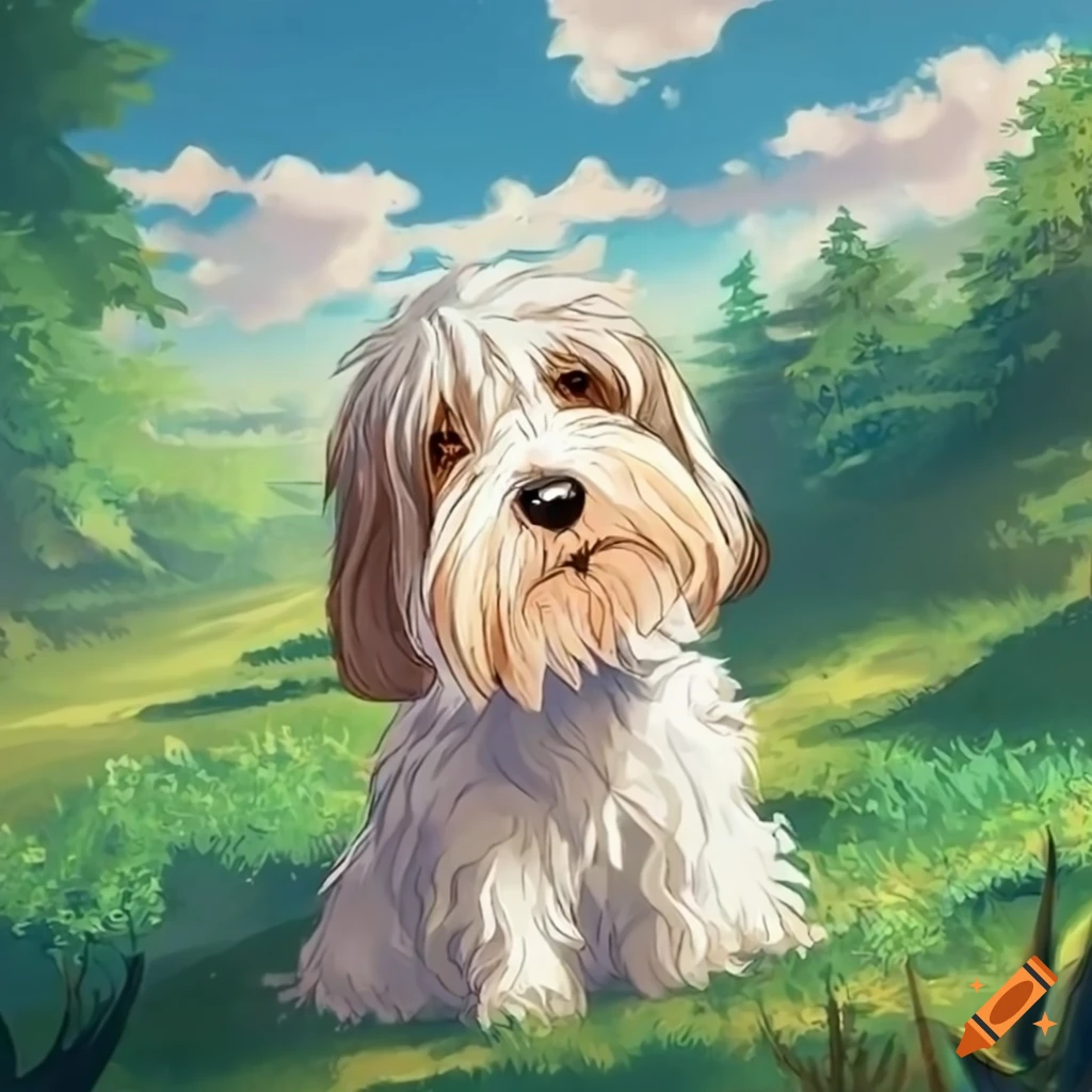 Anime illustration of cute petit basset griffon vendeen