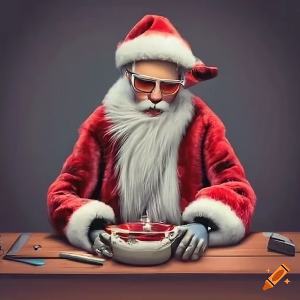 Humorous illustration of a tired santa robot at a computer on Craiyon