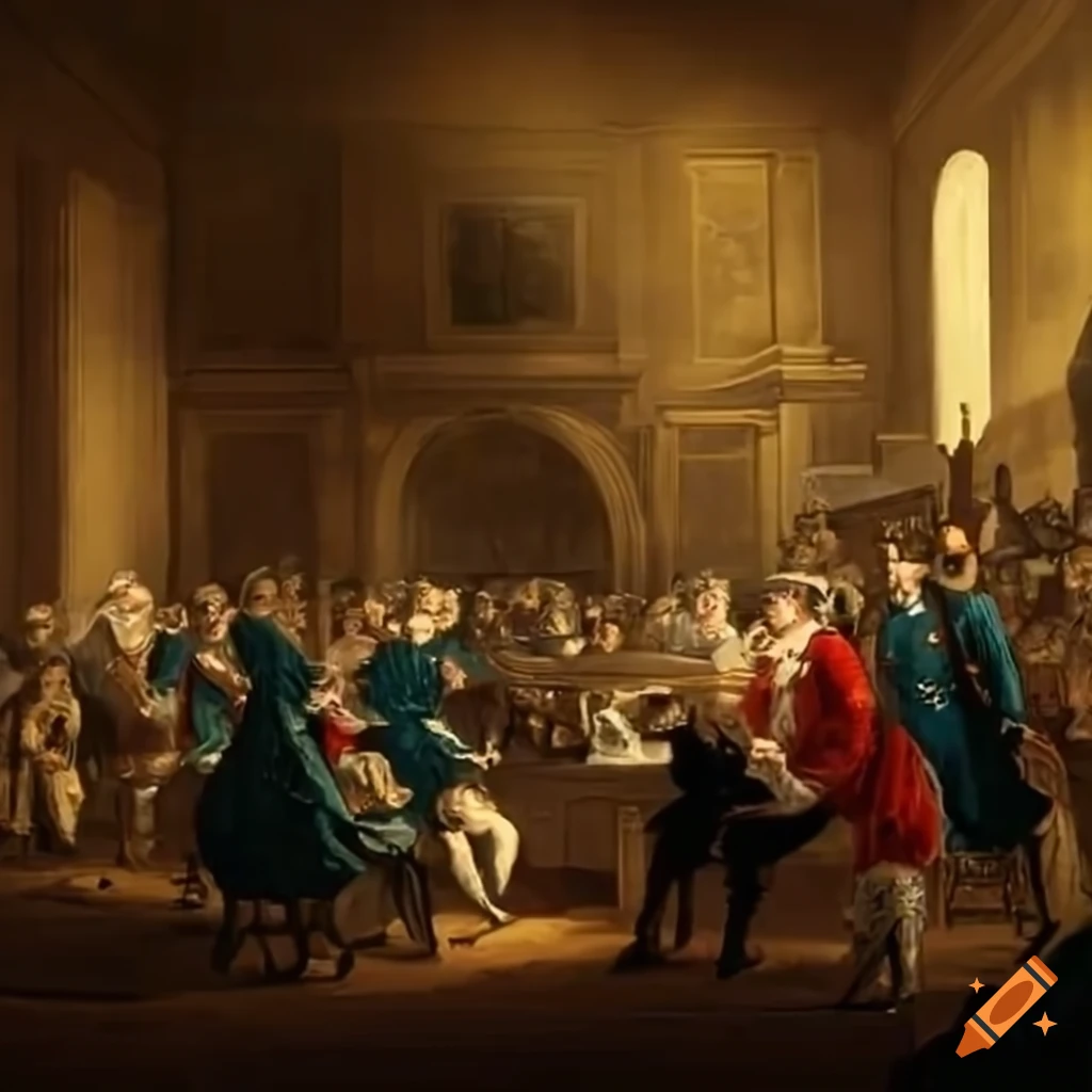 Angry crowd in an 18th century building on Craiyon