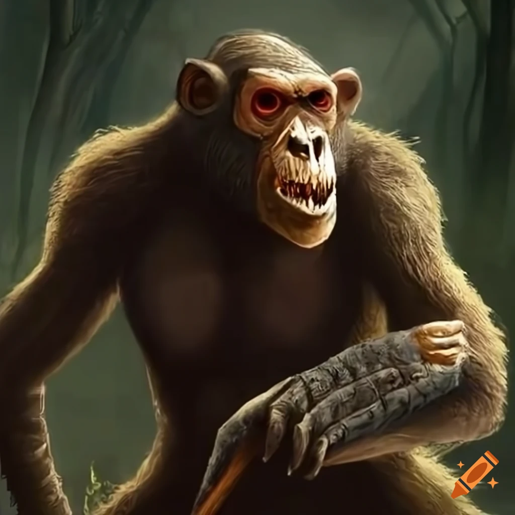 Sasquatch in a creepy forest attacking trees on Craiyon