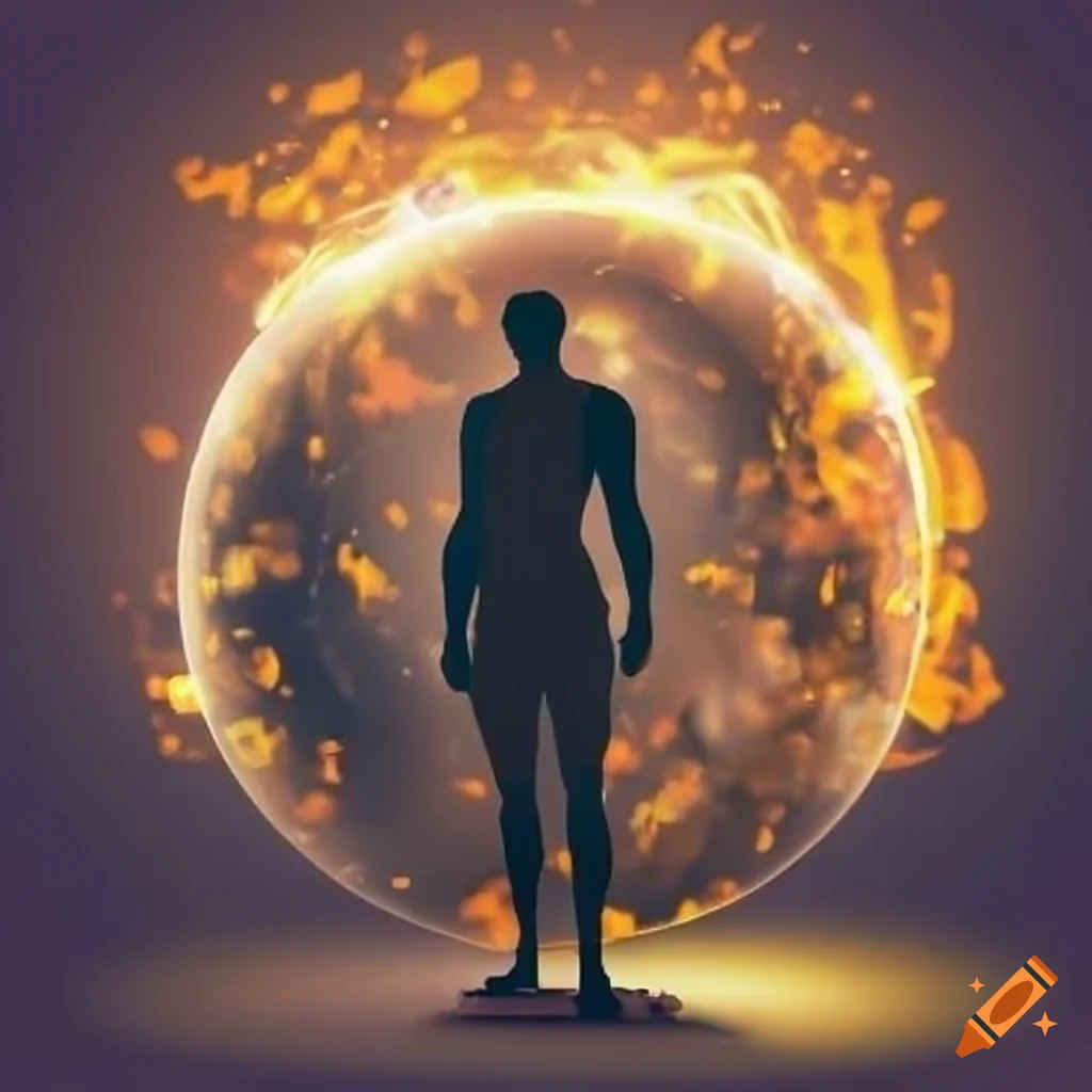Silhouette of a hero in front of a glowing energy sphere on Craiyon