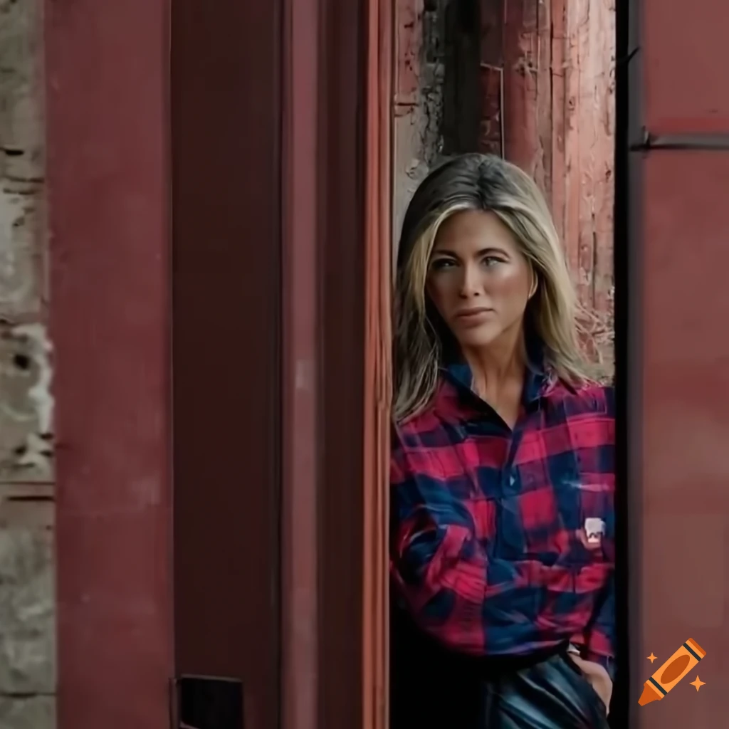 Blonde actress in red plaid shirt and high-waist black leather trousers ...