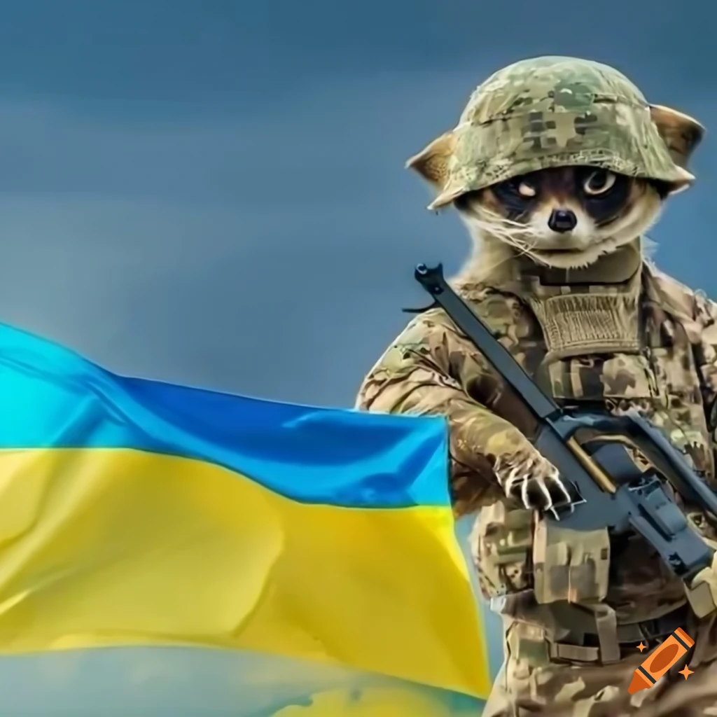 Image with a raccoon in military uniform and Ukrainian flag drone on ...