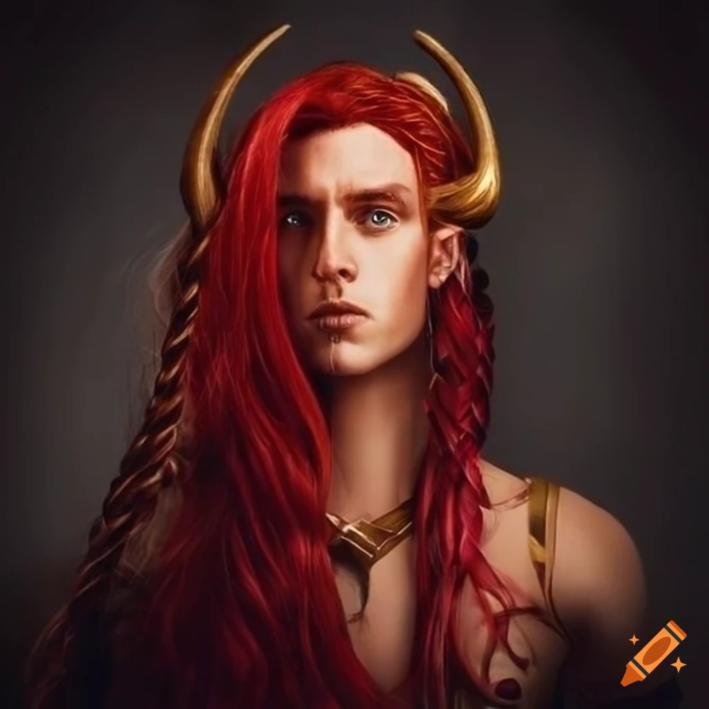 Portrait of norse loki with long red braided hair on Craiyon